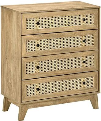 HOMCOM Commode 4 tiroirs Meuble de Rangement cannage en rotin 80 x 35 x 95 cm Aspect Bois Clair