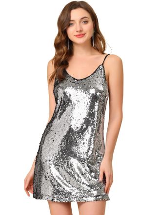 Allegra K Damen Halloween Glitzer Pailletten V Ausschnitt Spaghettitr&auml;ger Mini Partykleid Clubwear, Silber (mit Schwarz), Mittel