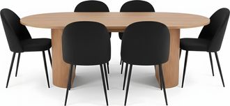 ebuy24 Kyoto Essgruppe - mit 6 St&uuml;hlen - Tisch 210 x 100 x 75 cm - St&uuml;hle Velours schwarz - MDF, Papier, Formgespanntes Holz - Tisch Natur - skandinavisch-mo