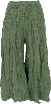 Guru Shop Bequeme 3/4 Musselin Palazzohose, Marlenehose mit Breitem Bund, Baumwollhose, Krinkelhose - Grün, Damen, Baumwolle