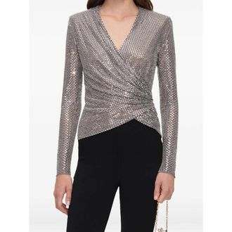 Self Portrait Rhinestone-Embellished Wrap Top - Silver