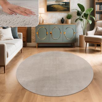 Paco Home Teppich Wohnzimmer Kunstfell weich waschbar modern elegant pflegeleicht Felloptik Uni Seidenglanz flauschig Kurzflor, Gr&ouml;sse:200 cm Rund, Farbe:Beige