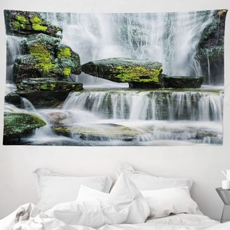 Abakuhaus Landschaft Wandteppich und Tagesdecke, Wasserfall mit Felsen aus Weiches Mikrofaser Stoff Waschbar ohne Verblassen Digitaldruck, 230 x 140 cm, Grün