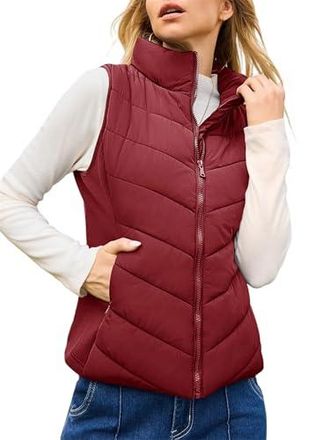 Generic Rufenpurify Gilet matelass&eacute; sans manches avec fermeture &eacute;clair pour femme, confortable sans encombrement, col montant l&eacute;ger, Rouge, 3XL