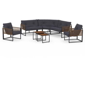 IDMarket Salon de jardin bas RIO 8 places salon dangle structure m&eacute;tal et cordage effet rotin avec coussin gris