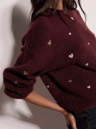 Apricot Rundhalspullover Strickpullover mit aufgestickten Herzen