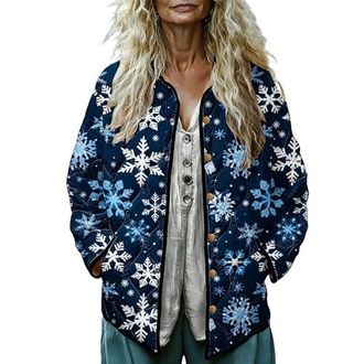 Generic Doudoune de Noël pour femme, veste matelassée rétro fantaisie avec motif vacances, manteau rembourré à manches longues avec boutons, col montant chaud