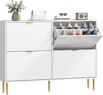 HOMCOM Meuble &agrave; chaussures - HOMCOM - 18 paires - 3 tiroirs rabattables, portes cannel&eacute;es et &eacute;tag&egrave;res r&eacute;glables - MDF - 60x24x122,5cm - noir