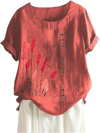 Generic T-shirt pour femme avec broderie r&eacute;tro en coton et lin - Chemise d&eacute;contract&eacute;e &agrave; manches courtes, Rose, 4XL