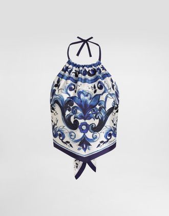 Dolce & Gabbana DG EXCLUSIVE Dolce & Gabbana Top Aus Seide Mit Majolika-print - Frau Blusen Und Tops Blau 44