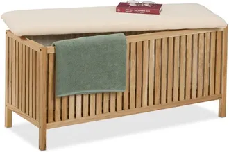 Relaxdays W&auml;schetruhe mit Sitz, Badhocker mit Stauraum, 100 l W&auml;schesammler, hbt: 50x100x38 cm, Holz/Stoff, natur/wei&szlig; - Relaxdays