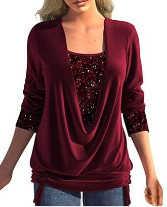 Minetom Tunique Noël Femme Élégant Paillettes Chemisier Casual Manche Longue T-Shirt Lâche Blouse Hauts Tops D Rouge XXL