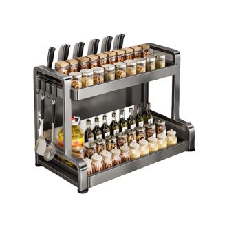 Generic Doppelschichtiges Gewürzregal for die Arbeitsplatte, vertikales Küchenregal aus Edelstahl, mit Messerhalter-Schallwand, for Schränke und Arbeitsplatte