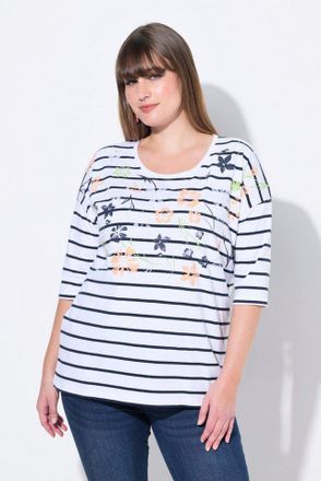 Ulla Popken T-Shirt T-Shirt Ringel Bl&uuml;ten oversized Rundhals Halbarm