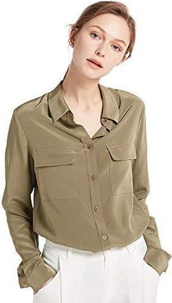 LilySilk Chemise Femme Chic Soie Naturelle Chemisier Classique Top à Manches Longues Casual Shirt Blouse Chic Été 18 Momme XL Kaki