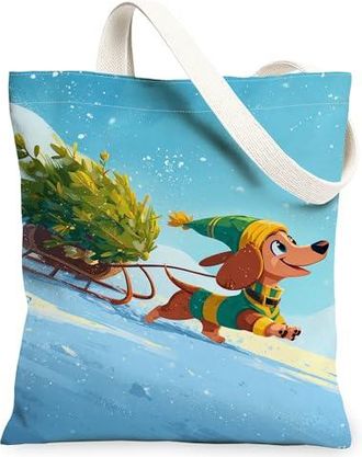 Generic Sacs fourre-tout en toile pour chien dhiver, motif teckel mignon, sacs d&eacute;picerie r&eacute;utilisables, vintage, l&eacute;gers, lavables &agrave; l&eacute;paule S, bleu, 13x15 Inc