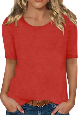 Minetom Damen Halbarm T-Shirt Rundhals Sommer Tshirt Einfarbig Oberteile Basic Shirts A Rot XXL