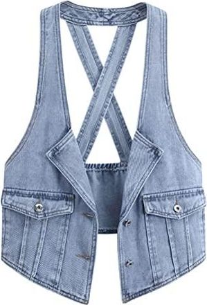 ORANDESIGNE Femme Veste en Jeans sans Manches Court Manteaux Boutons Veste en Jean avec Poches Printemps &eacute;t&eacute; Femme Denim Gilet Veste Sans Manches Jean Gilet Hauts