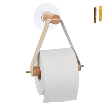Relaxdays Toilettenpapierhalter aus Holz, für Bad, Wand, Band, klebend, Klorollenhalter HxBxT: 18x18x8 cm, modern, Natur
