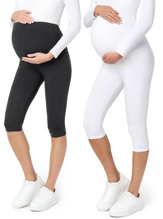 Be Mammy 3/4 Umstandsleggings Kurz aus Baumwolle Bequeme und blickdichte Schwangerschaftsleggings 2Pack Umstandsmode BE20-229 (2Pack Schwarz/Wei&szlig;, 4XL)