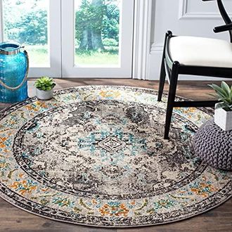 Safavieh Boho Teppich für Wohnzimmer, Esszimmer, Schlafzimmer - Monaco Collection, Kurzer Flor, Grau und Hellblau, 120 x 120 cm