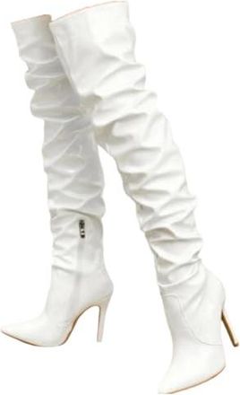 Generic Bottes longues d&eacute;contract&eacute;es en cuir verni &agrave; bout pointu et fermeture &eacute;clair lat&eacute;rale pour femme, blanc, 43 EU