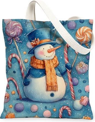 Generic Sac fourre-tout en toile motif bonhomme de neige, mignon motif personnage dhiver, sacs de courses r&eacute;utilisables, festifs, ludiques, l&eacute;gers et lavables