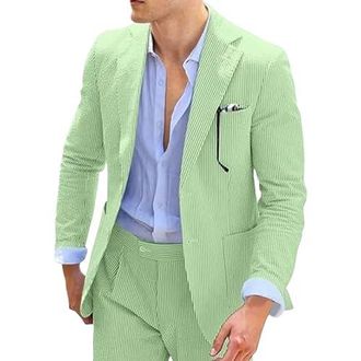 Generic Ensemble de costume fin en seersucker ray&eacute; pour homme - Tenue d&eacute;t&eacute; pour la plage et le mariage - 2 pi&egrave;ces - Costume classique &agrave; ventouse, Vert 2, XXL