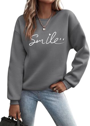 Minetom Pullover Damen Herbst Winter Sweatshirt Rundhals Langarm Pulli Frauen Oberteil Sweatshirts ohne Kapuze B Dunkelgrau XXL