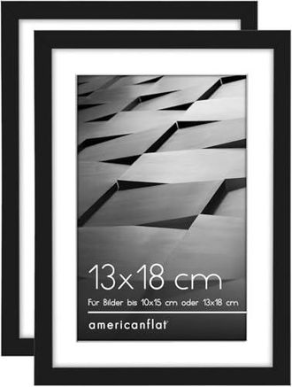Americanflat Bilderrahmen 13x18 cm, Schwarz - 10x15 cm mit Matte - Polierter Plexiglas-Abdeckung - Dünner Rand - Für Wand oder Schreibtisch im Horizontalen oder Ve