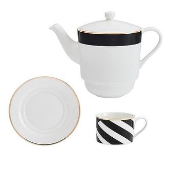 Mikasa Mikasa Luxe Deco Porzellan Tee für einen Satz, Teeset für eine Person mit Teekanne, Tasse und Untertasse, stapelbares Teeset, spülmaschinenfest
