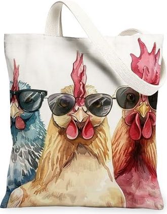 Generic Sacs fourre-tout en toile avec motif de poulets amusants, sacs d&eacute;picerie r&eacute;utilisables, l&eacute;gers et lavables avec bandouli&egrave;re, blanc, 13x15 Inch