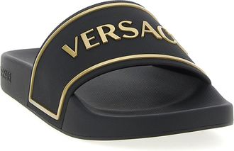 Versace Logo Embroidered Slides - Black