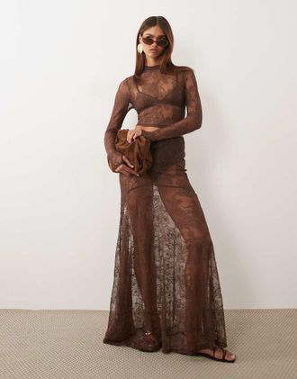 Asos ASOS x THE SOURCED COLLECTION - Jupe longue en dentelle - Marron