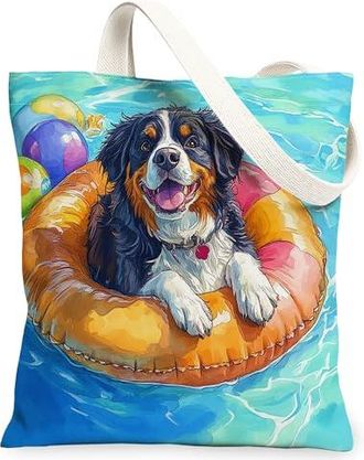 Generic Sac fourre-tout amusant en toile avec bou&eacute;es de sauvetage pour le shopping - 33 x 38,1 cm - R&eacute;utilisable - Pour femme - Motif chien de montagne bernoi