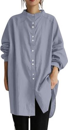 Generic Hauts d&eacute;t&eacute; amples en coton et lin pour femmes, col boutonn&eacute;, manches longues, habill&eacute;, d&eacute;contract&eacute;, tunique ample 2026, v&ecirc;tements tendance, Bleu 1, 4X