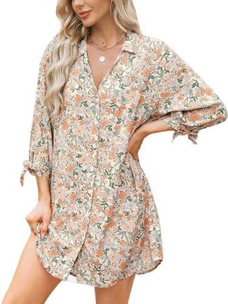 Cupshe Mini robe dété cache-maillot pour femme, chemise florale surdimensionnée à manches 3/4 avec liens à nouer, tenue pour la plage, Orange Floral, Taille 