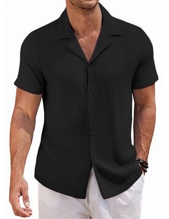 Coofandy Herren Kurzarm Hemd Kubanischer Sommerhemd Wellenstreifen Freizeithemd Regular Fit Hawaii Hemden M&auml;nner Guayabera Shirt Schwarz XXL