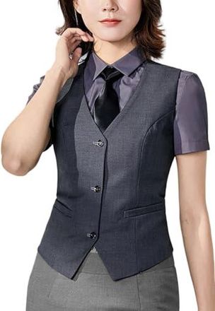 ORANDESIGNE Femme Gilet Costume sans Manche Coupe Ajustée Col en V Gilet de Smoking Vintage élégant Gilet de Costume Ete Bureau Elegante Boutonne A Gris Foncé M