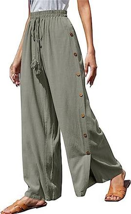 Generic Pantalon boh&egrave;me avec boutons sur le c&ocirc;t&eacute; pour femme - Taille haute - Cordon de serrage - Jambe fendue fluide - Vacances - Plage - Yoga - Pour les voya
