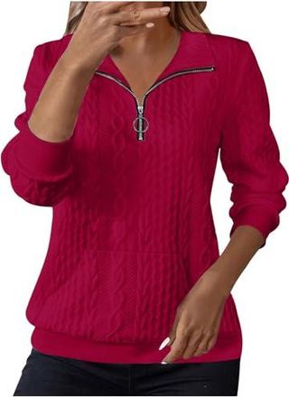 Generic Pulls pour femmes en tricot torsad&eacute; avec col revers et demi-fermeture &eacute;clair - Sweat-shirts thermiques &agrave; manches longues pour dames, hauts chauds pour
