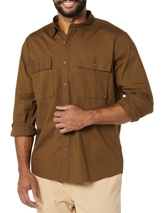 Amazon Essentials Herren Utility-Hemd mit Langen Ärmeln, Zwei Taschen und Standard-Passform, Dunkles Olivgrün, XL