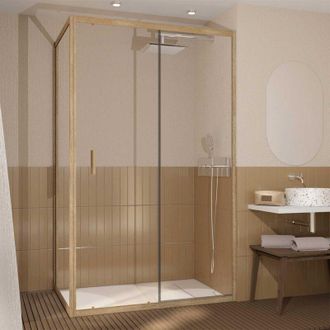 Aurlane Aurlane - porte de douche coulissante et retour 120x90x200cm - profilés alu effet bois - verre trempé 6mm
