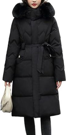Generic Doudoune matelass&eacute;e &agrave; capuche en fausse fourrure avec fermeture &eacute;clair longue et ceinture l&eacute;g&egrave;re pour femme, Noir, XXL