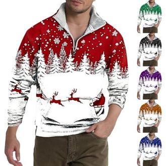 Generic Sweat-shirt de Noël pour homme avec fermeture éclair 1/4 - Motif renne amusant - Surdimensionné - Pull à manches longues - Costume de Noël tendance - 