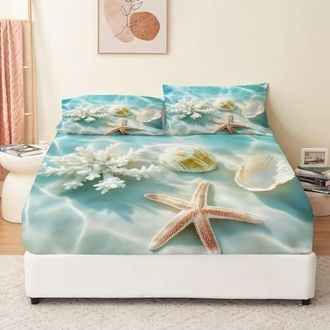 Generic Drap Housse Microfibre, Motif Coquillages de Plage en Forme d&eacute;toile de mer Drap Housse Prot&egrave;ge - 160 x 200 cm Antid&eacute;rapants R&eacute;sistant Bleu Ajustable H