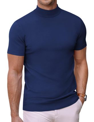 Coofandy Herren T-Shirt mit Stehkragen Strick Männer Rollkragenshirt Pullover Herren Kurzarm Halb Kragen Unterhemd Slim Fit Basic Tops Marineblau 3XL