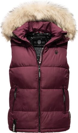 Marikoo Damen Winter Weste Steppweste mit Kapuze und Fellkragen B896 [B896-Eisflöckchen-Weinrot-Gr.S]