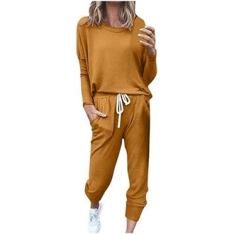 Generic Ensemble de tenue d&eacute;contract&eacute;e pour femme, t-shirt ras du cou &agrave; manches longues et pantalon long en patchwork de couleurs (Coffee, XXXXXL)