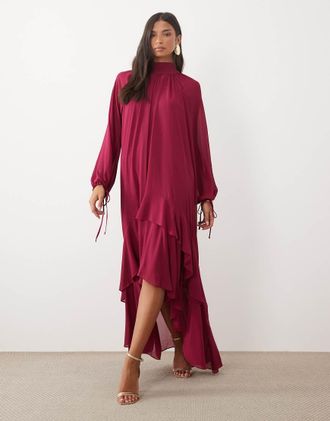 Tfnc robe longue en mousseline &agrave; col montant avec ourlet &agrave; volants en berry-Rose